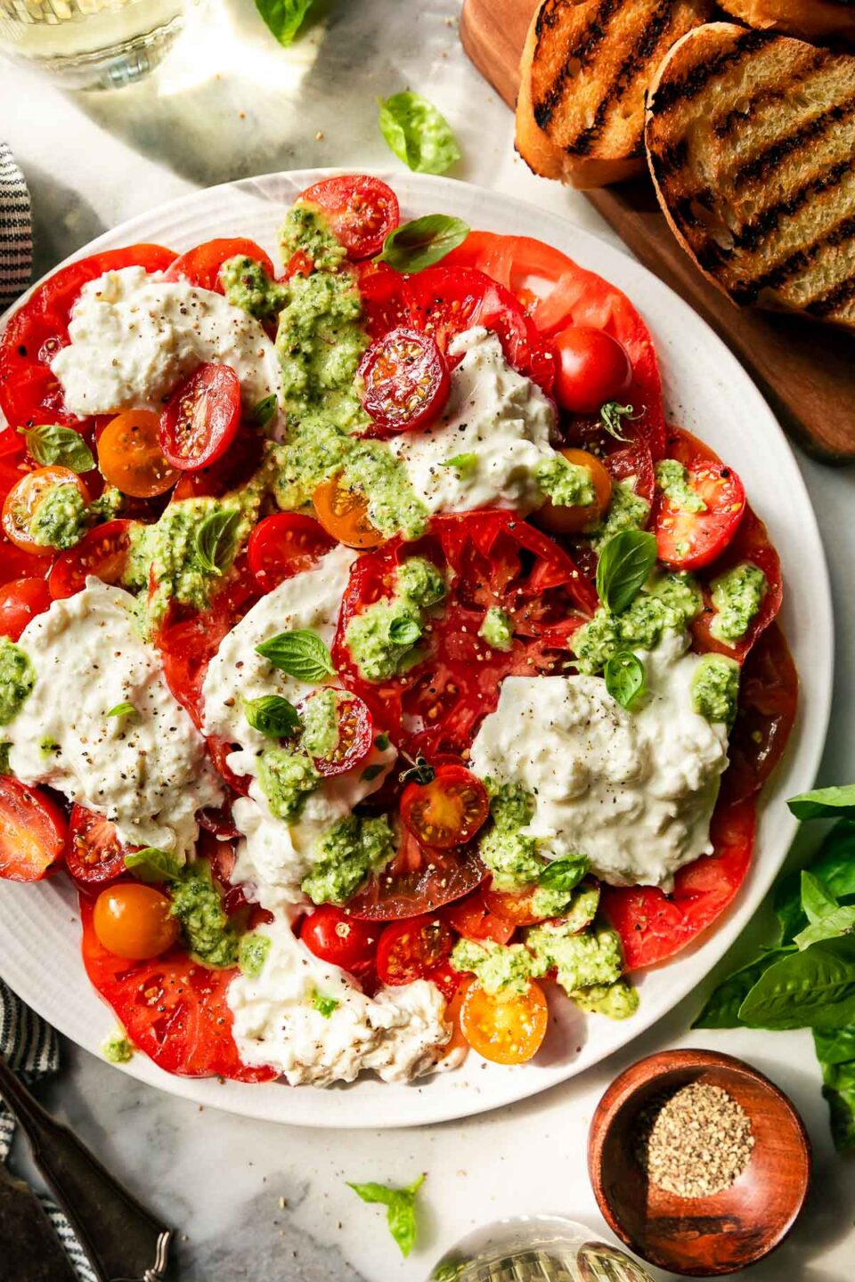 Burrata Caprese Salad with Heirloom Tomatoes & Pesto | PWWB