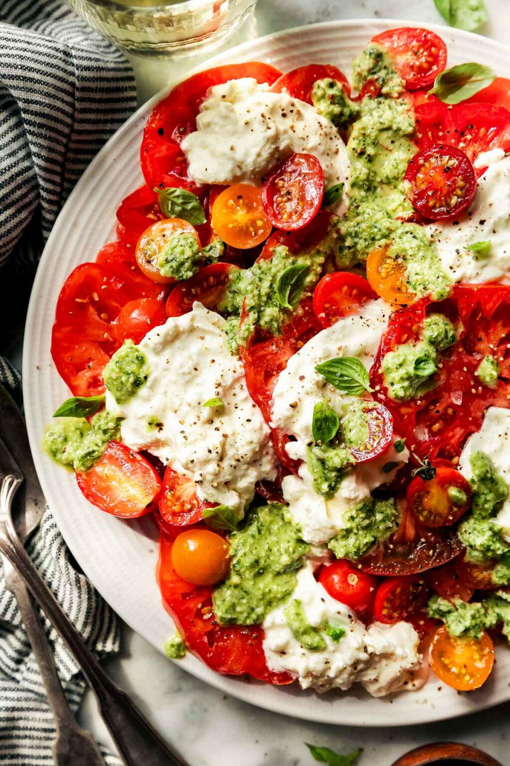 Burrata Caprese Salad with Heirloom Tomatoes & Pesto | PWWB