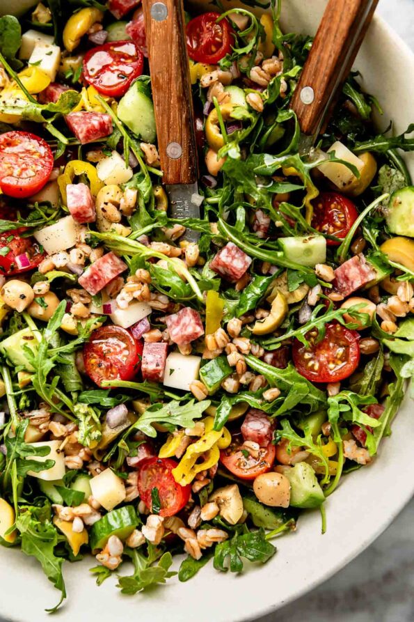 Hearty Italian Farro Salad with Soppressata, Olives, & Pepperoncini