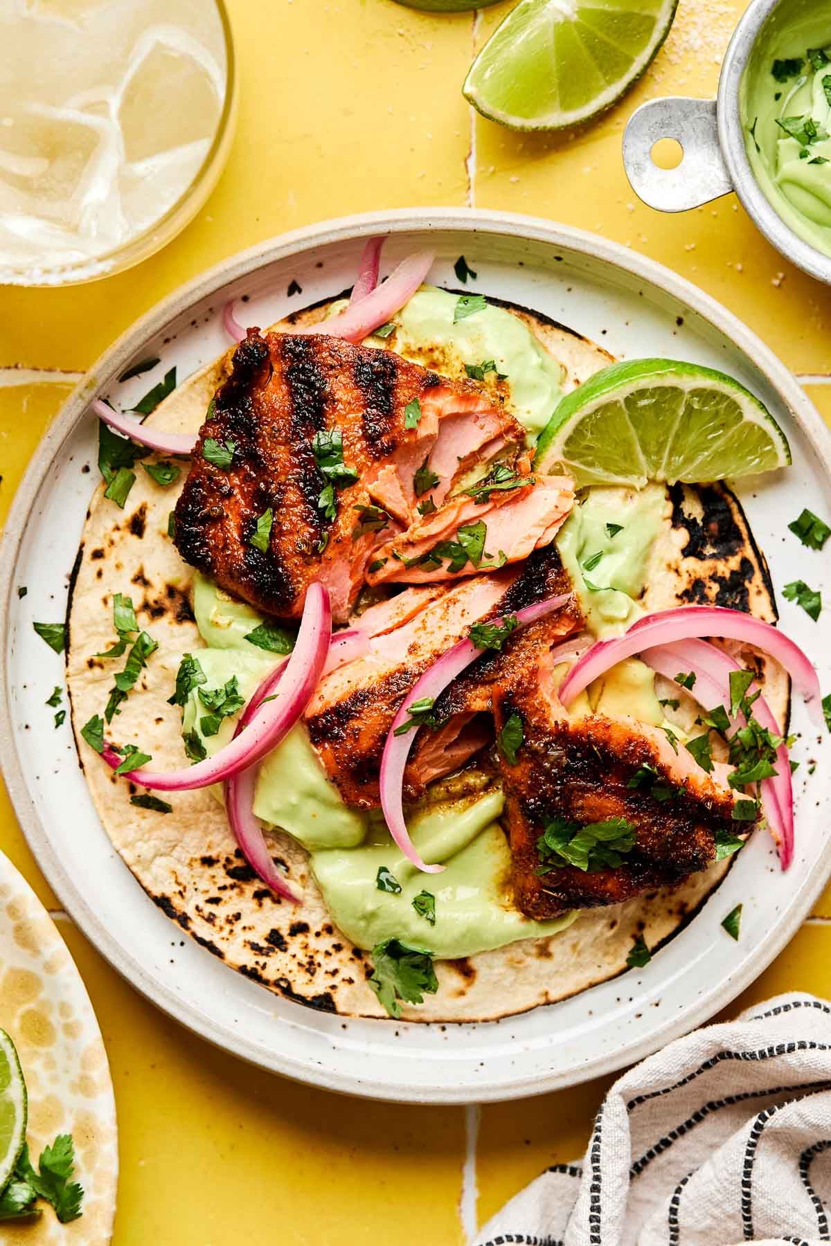 25-Minute Grilled Salmon Tacos with Whipped Avocado Crema