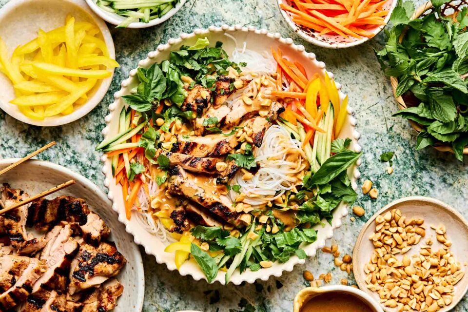 Grilled Chicken Spring Roll Bowls with Peanut Sauce